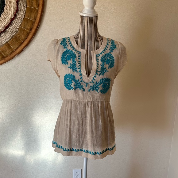 THML | Tops | Thml Anthropologie Embroidered Mexican Top Blue Womans M ...